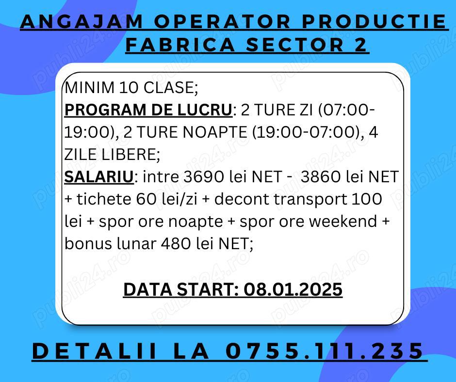 Operator productie fabrica sector 2 Sector 2 Locuri de munca