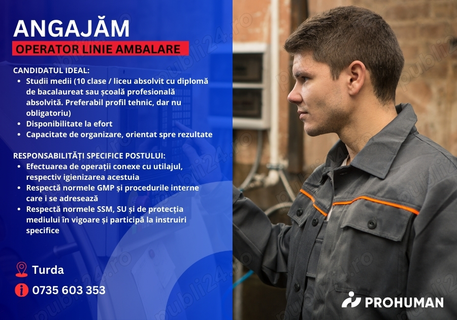 Angajam operator linie ambalare • PROHUMAN • Targu Mures Mures