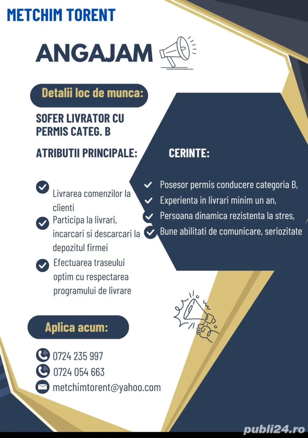 Angajam sofer livrator • SC Metchim Torent SRL • Baia Mare Maramures