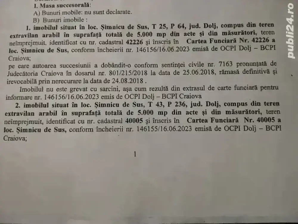 Vând teren extravilan arabil Simnicu de Sus