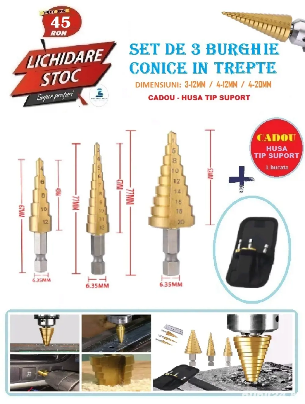 Set de 3 burghie conice in trepte de la 3mm la 20mm Sector 4 - Casa si ...