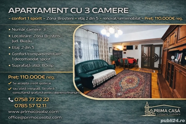 Vand apartament 3 camere cam. Decomandat, 80 mp Etaj 2 Brosteni • Buzau ...